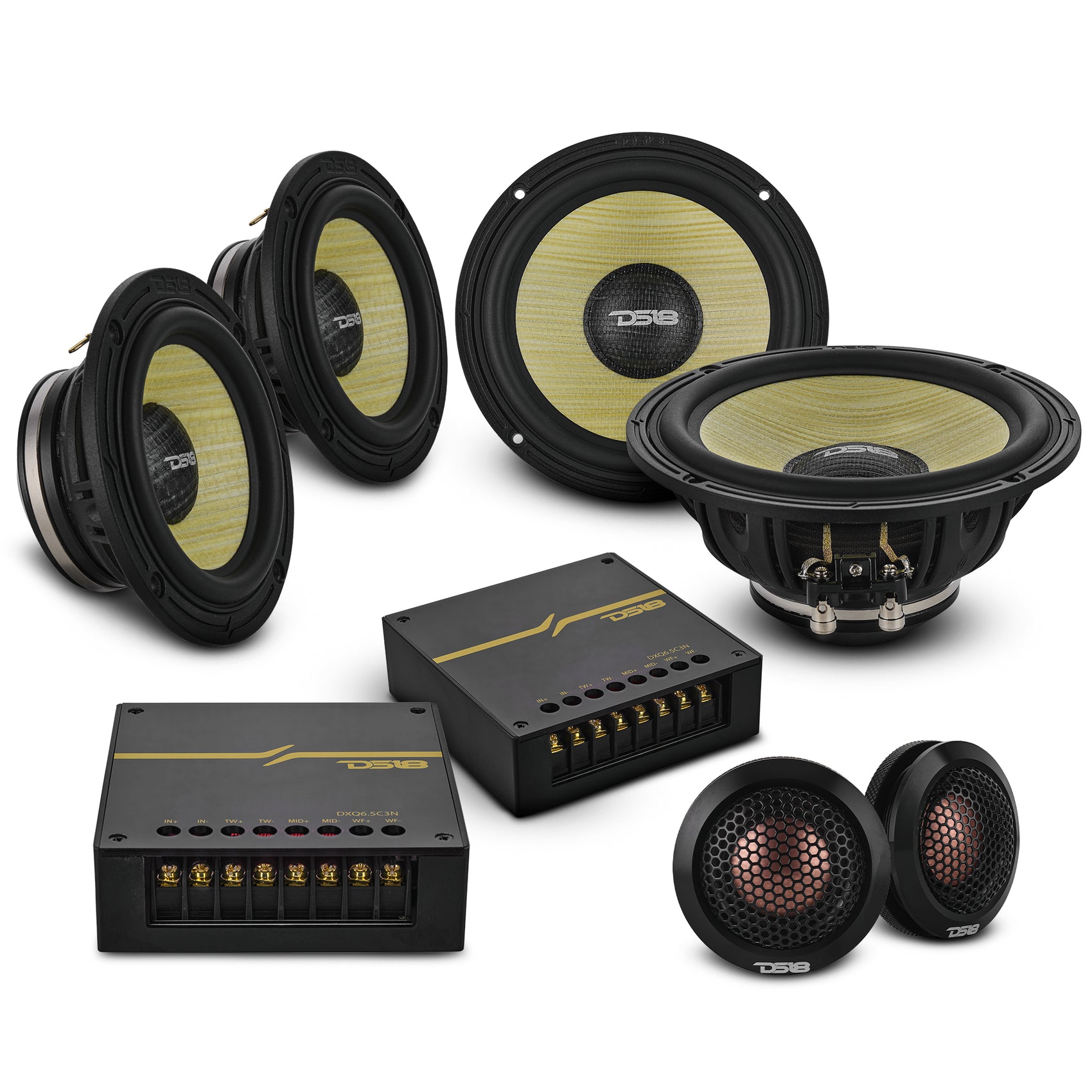 DXQ 6.5" 3-Way Component Speaker Set with Neodymium Magnet and Yellow