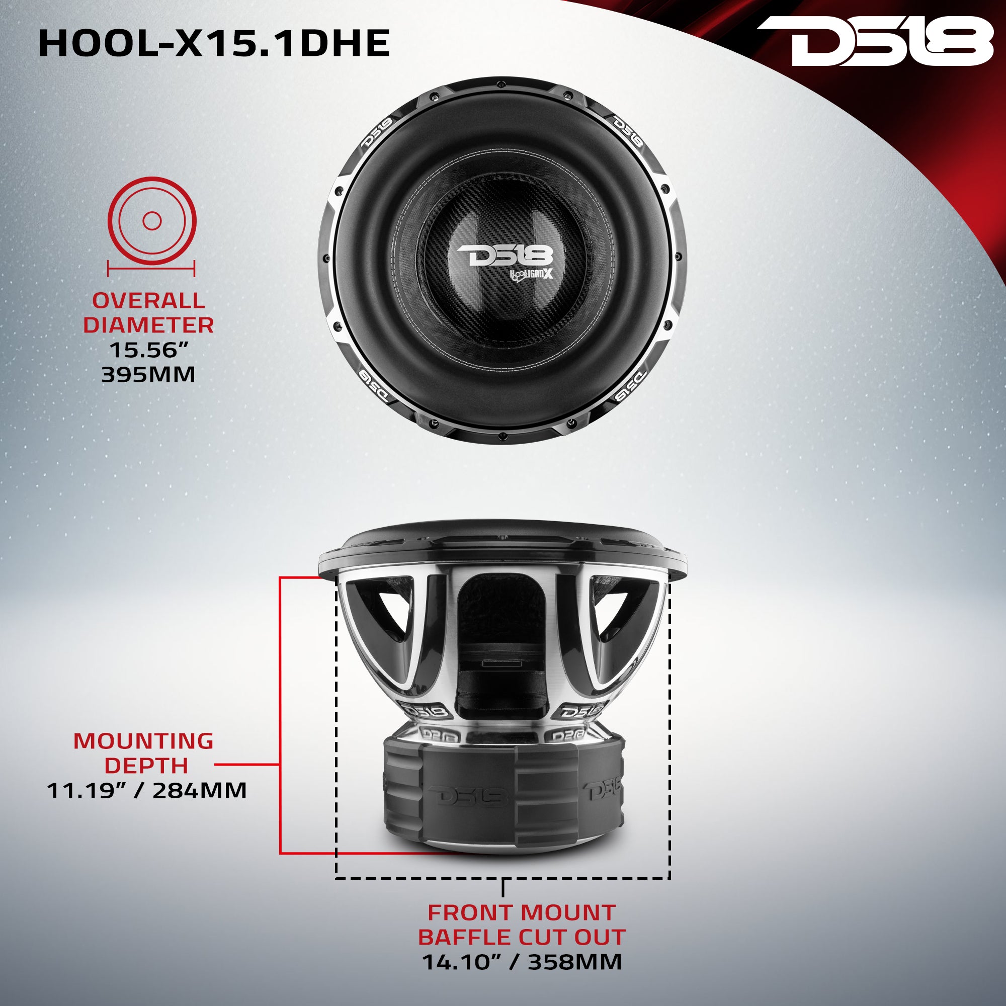 DS18 HOOLIGAN X Black Frame, High Excursion 15" audio Subwoofer 6000 ...