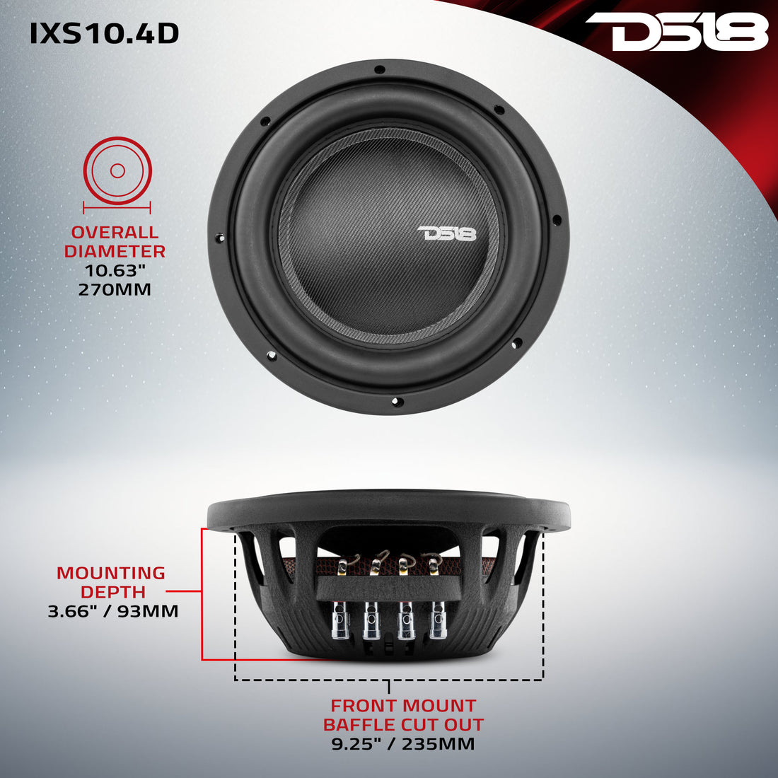 DS18 IXS10.4D 10" Car Subwoofer 1200 Watts 4-Ohm DVC Shallow Mount. 10 ...