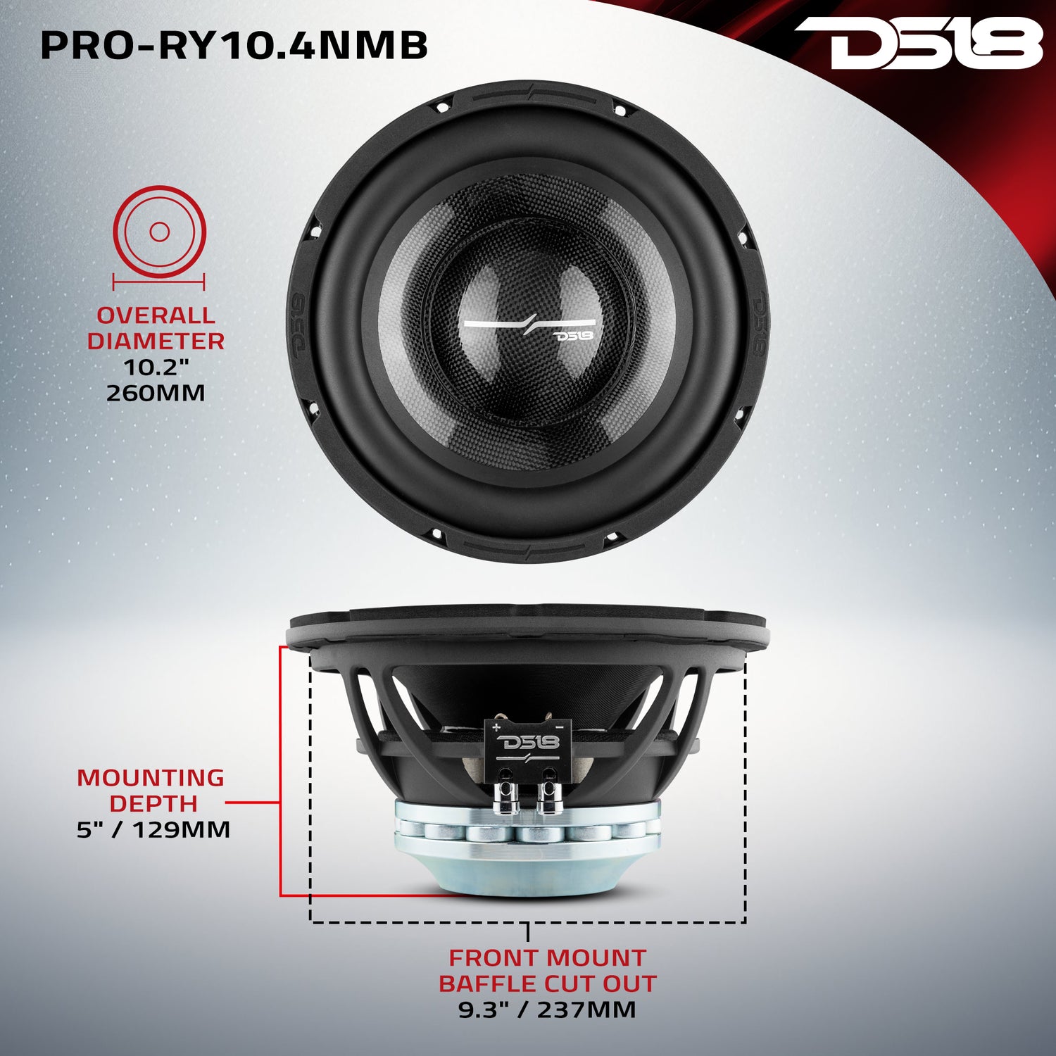 DS18 PRO-RY10.4NMB 10" Mid-Bass/ Woofer Carbon Fiber Water Resistant