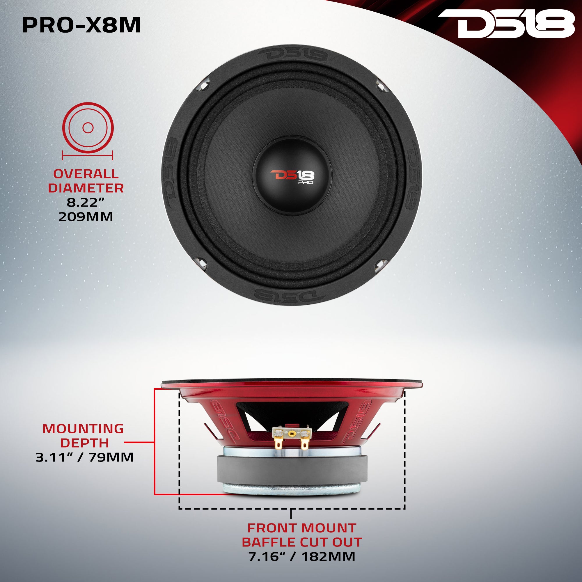 DS18 PRO-X8M 8" Mid-Range Loudspeaker 550 Watts 8-Ohm car audio stereo speakers. 550 8.