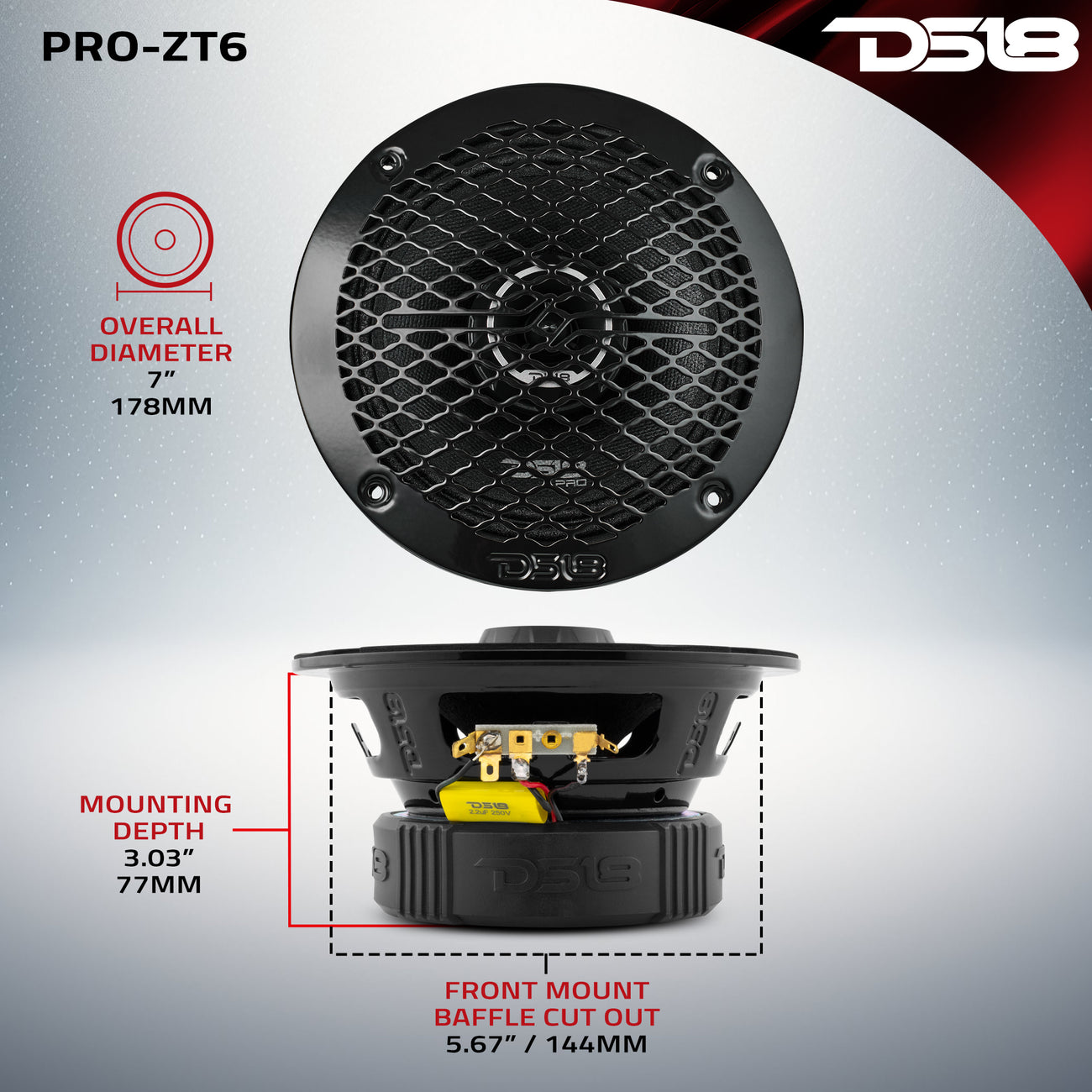 DS18 PRO-ZT6 6.5" 2-Way Mid-Range Loudspeaker with Built-in Bullet ...