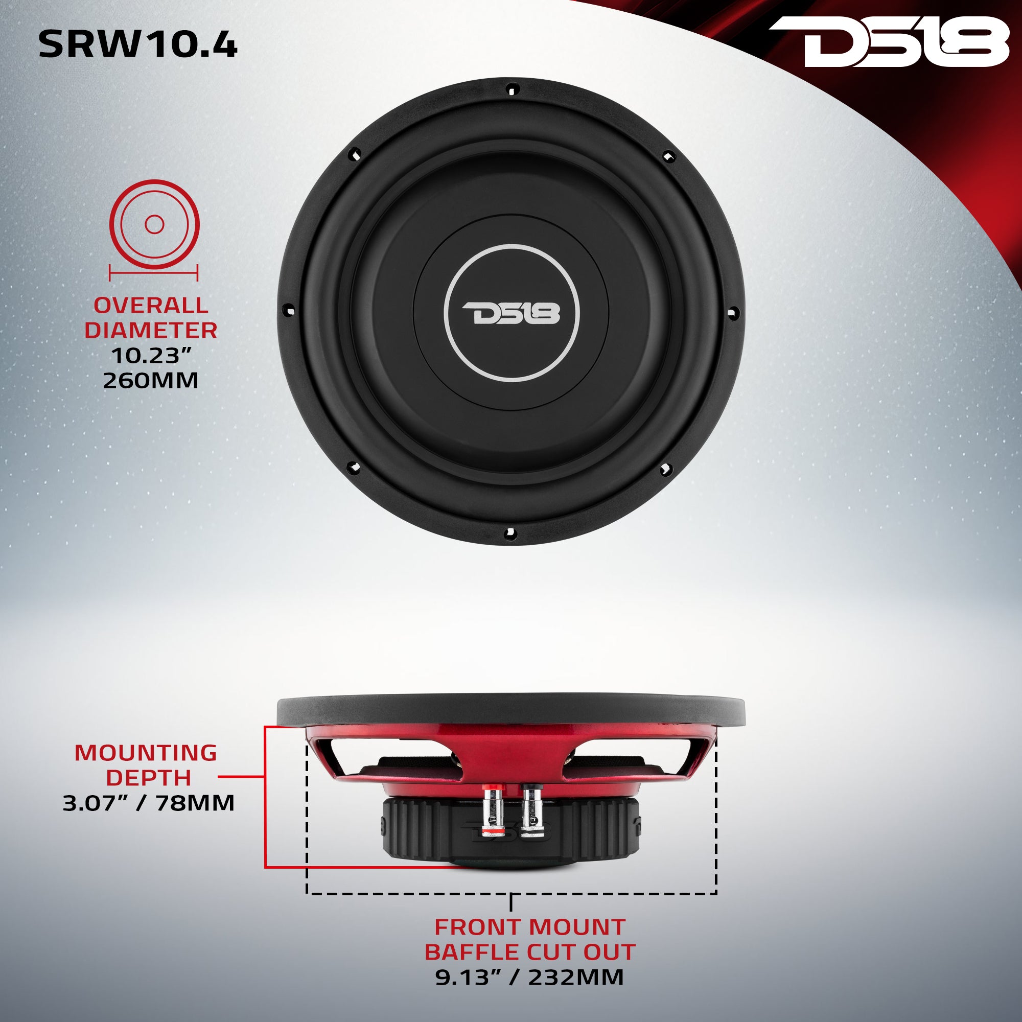 DS18 SRW10.4 Shallow 10" Subwoofer 400 Watts 4-Ohm SVC audio subwoofers