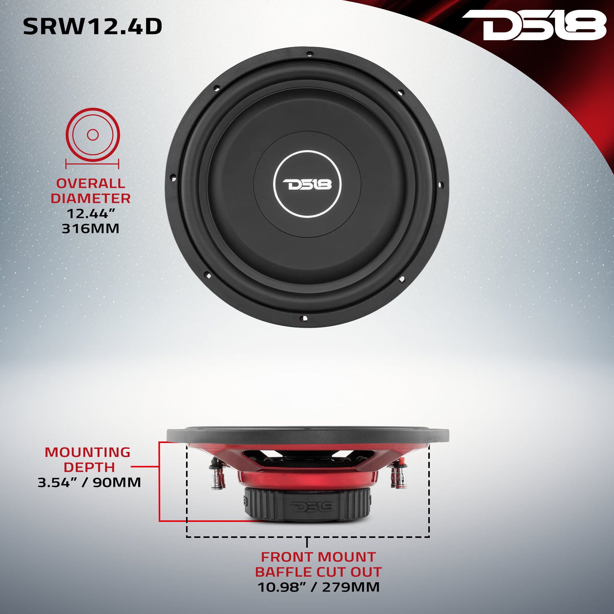DS18 SRW12.4D Shallow 12" Subwoofer 440 Watts 4-Ohm DVC audio subwoofers