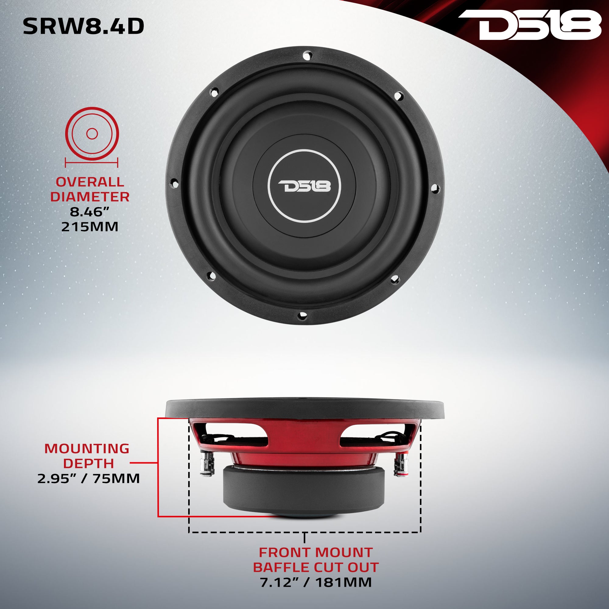 DS18 SRW8.4D Shallow 8" Subwoofer 300 Watts 4-Ohm DVC audio subwoofers ...