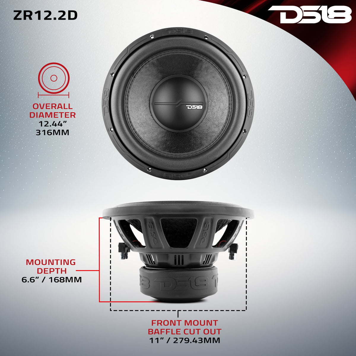 DS18 ZR12.2D 12" Subwoofer with 1500 Watts 2-Ohm DVC audio subwoofers