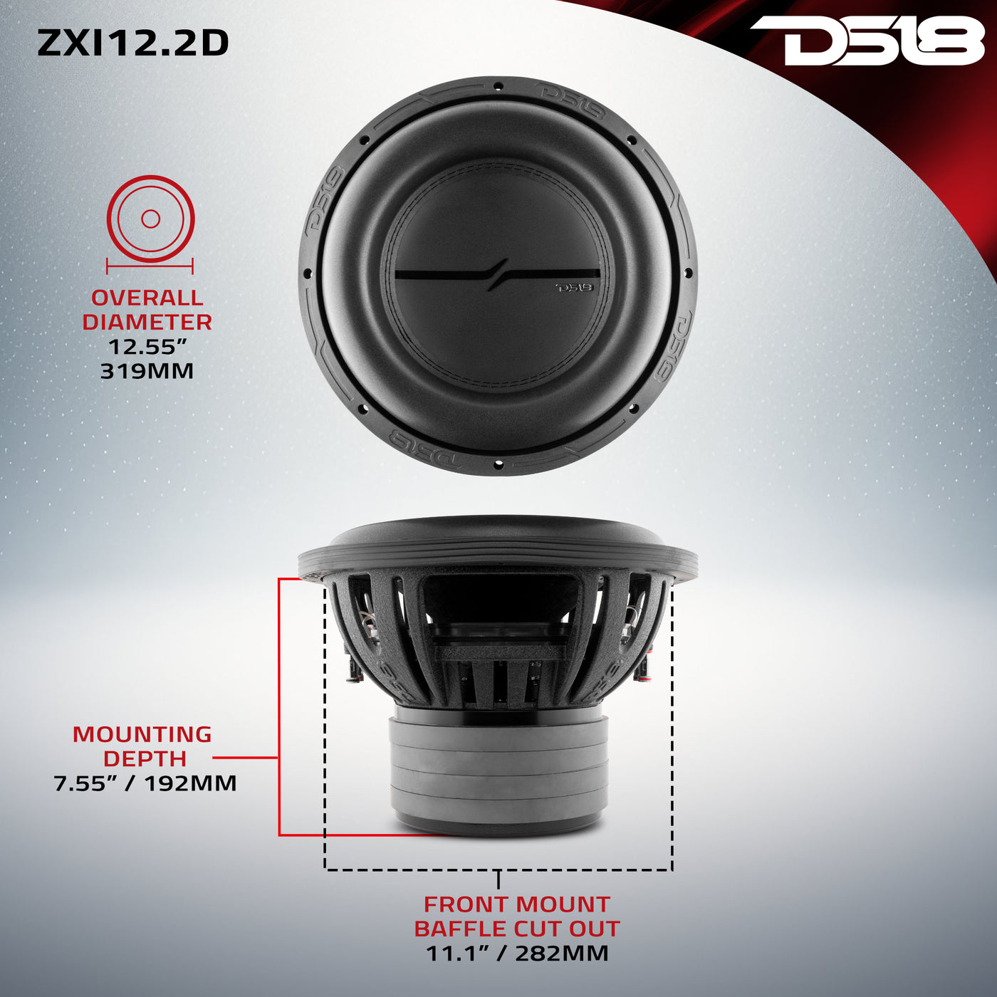 DS18 ZXI12.2D High Excursion 12" Subwoofer 2000 Watts 2-Ohm DVC Quad ...